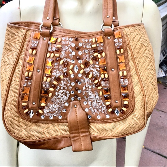 Cole Haan | Bags | Cole Haan Straw Leather Crystal Stone Tote Bag ...
